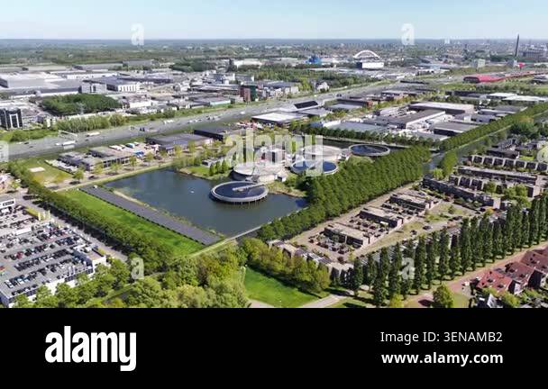 Aerial perspective of a modern water purification facility featuring ...