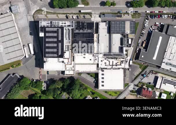 Top down aerial view of a large, modern hyperscale datacenter complex ...