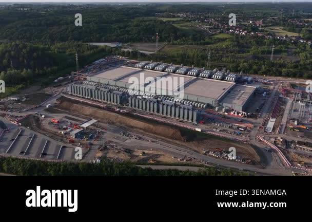 Aerial drone view of a modern hyperscale data center under construction ...
