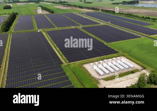 Aerial drone view of a utility scale BESS with smart energy management ...