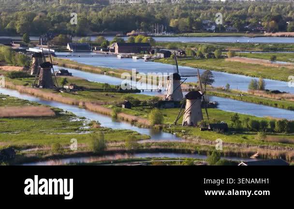 Aerial view of the iconic windmills of kinderdijk, a unesco world ...
