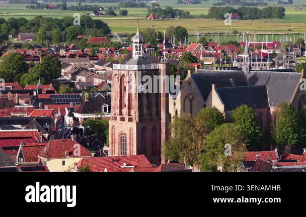 Aerial drone view of the tower of the Great or Saint Gertrude Church in ...
