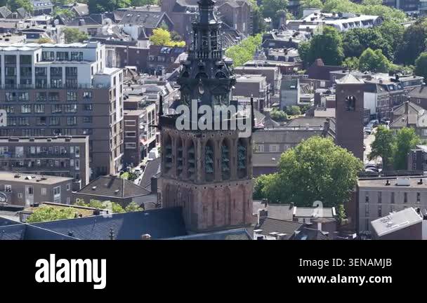 Aerial drone view of Stevenskerk in Nijmegen, showing the historic ...
