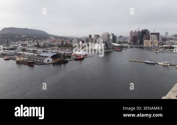 Wide panoramic view of the bustling port of kaohsiung in taiwan ...