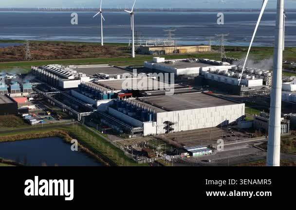 Aerial view of a large data center campus in Eemshaven, highlighting ...