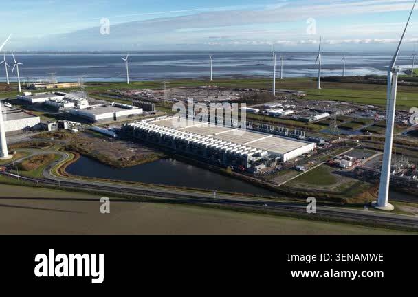 Aerial view of a large data center campus in Eemshaven, highlighting ...
