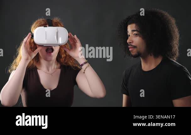 Virtual Reality Experience Couple, Woman Reacting To Vr Headset, Man ...