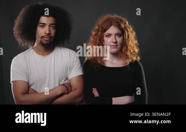 Diverse Couple Portrait, Young Man And Woman With Curly Hair Standing ...
