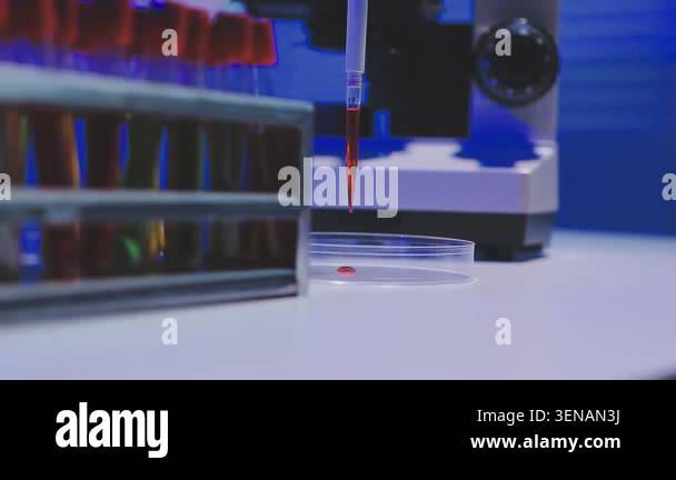 laboratory glass with red blood in a laboratory Stock Video Footage - Alamy