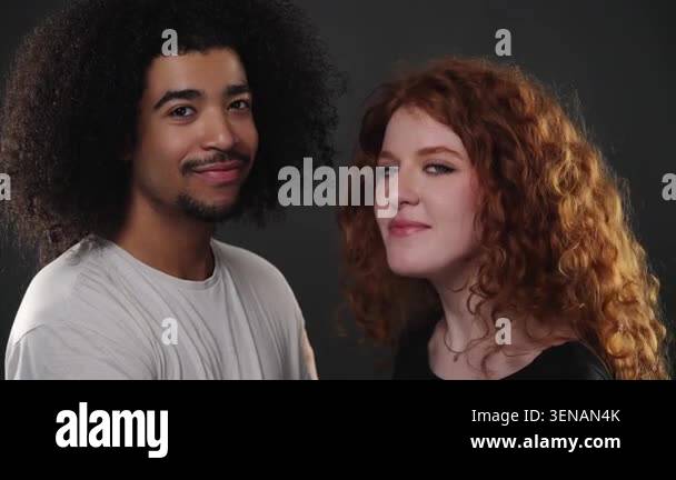 Diverse Couple Portrait, Young Man And Woman With Curly Hair Smiling ...