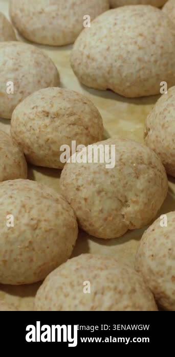 Freshly kneaded whole wheat dough buns rising on a baking sheet before ...