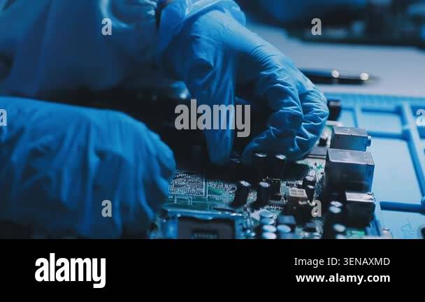 close - up of a technician 's hands repairing the computer motherboard ...