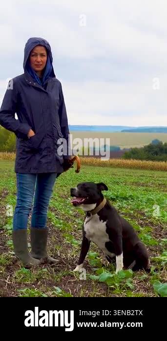 A woman walks her dog in a field after a thunderstorm. Girl with ...