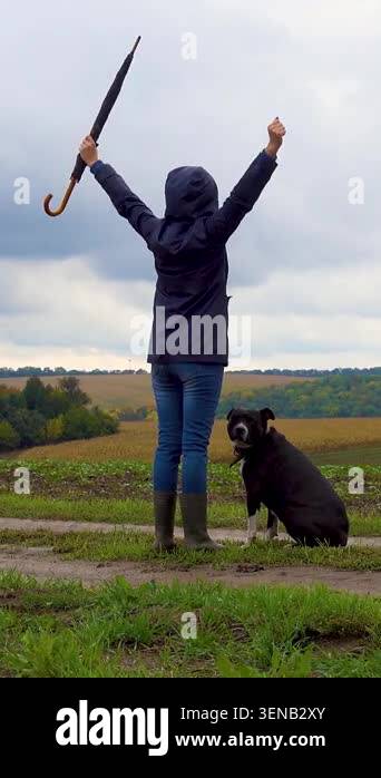 A woman walks her dog in a field after a thunderstorm. Girl with ...