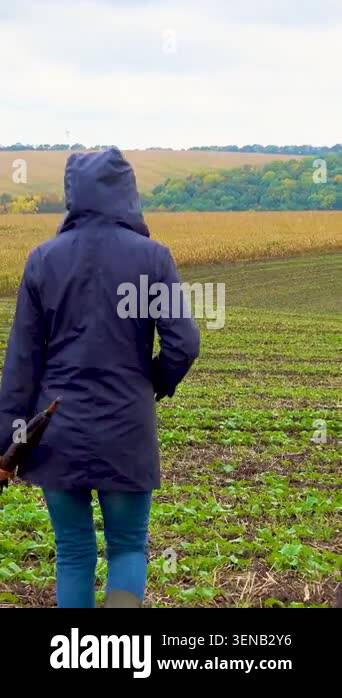 A woman walks her dog in a field after a thunderstorm. Girl with ...