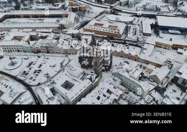 High angle aerial view of a historic European city center covered in ...