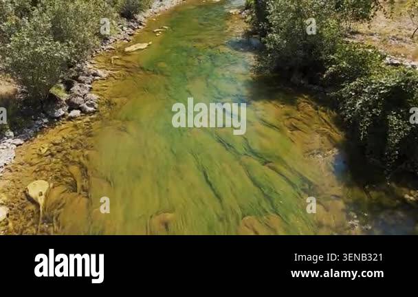 An aerial perspective shows a clear river with green algae flowing ...