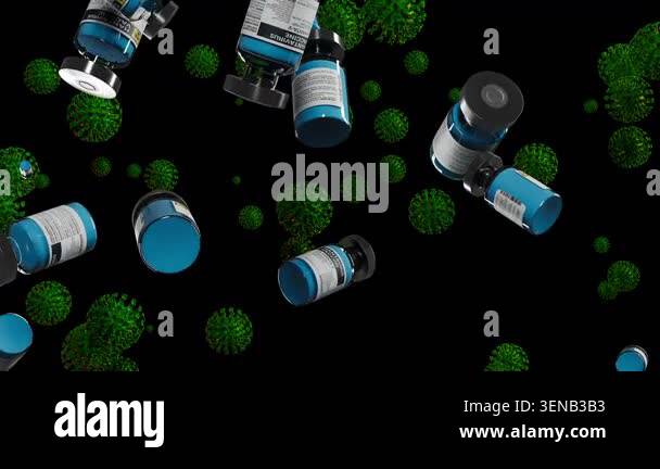 Vials of COVID-19 vaccine and viruses on a transparent background with ...
