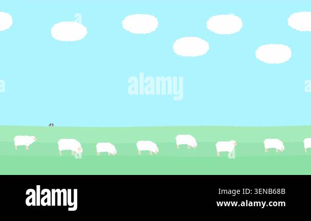 A flock of sheep grazing in a pasture with a sheepdog. Blue sky and ...