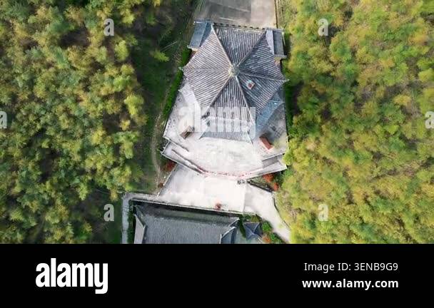 Drone aerial top-down view of an ancient town temple complex Stock ...