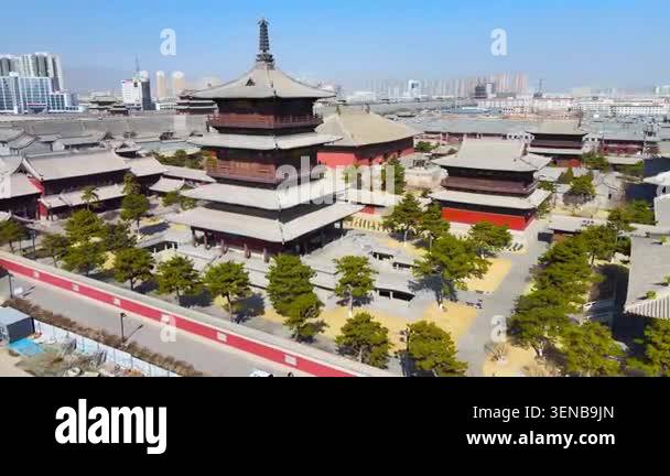 Drone aerial top-down view of an ancient town temple complex Stock ...