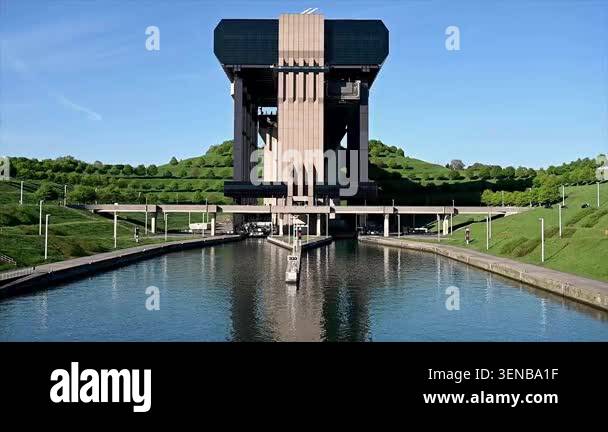 Static view of tourist boat passing through canal boat lift corridor ...
