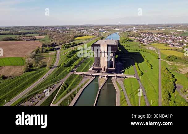 Static aerial drone view of canal lift infrastructure from elevated ...