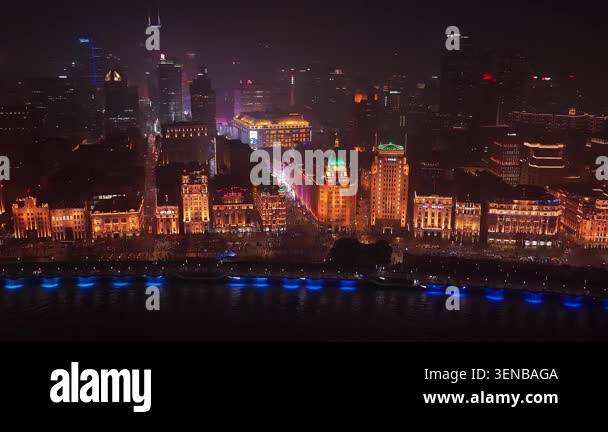 Majestic aerial view of the bund waterfront in shanghai at night ...