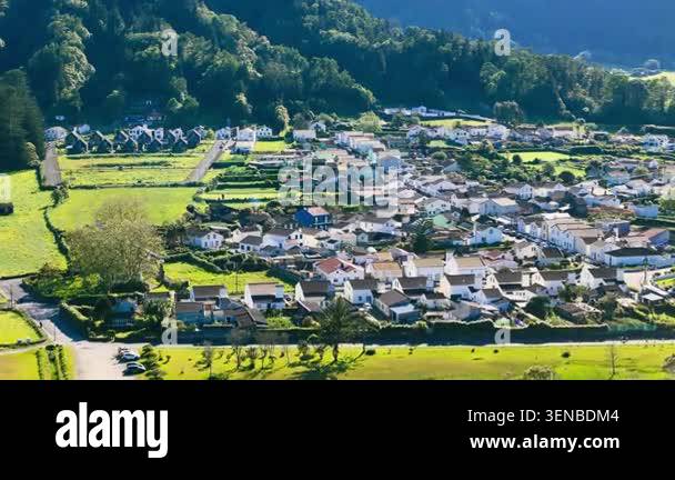 Aerial view of rural settlement Sete Cidades surrounded by farmland and ...