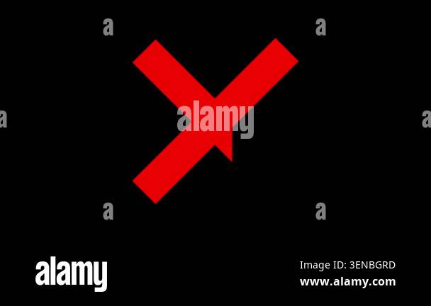 Red cross mark symbol appear and blink animation on black background ...