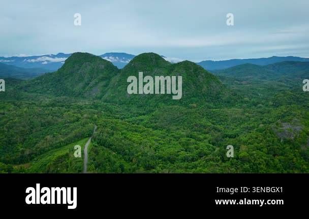 Aerial View of Winding Road Through Tropical Forest Below Twin Peaks ...