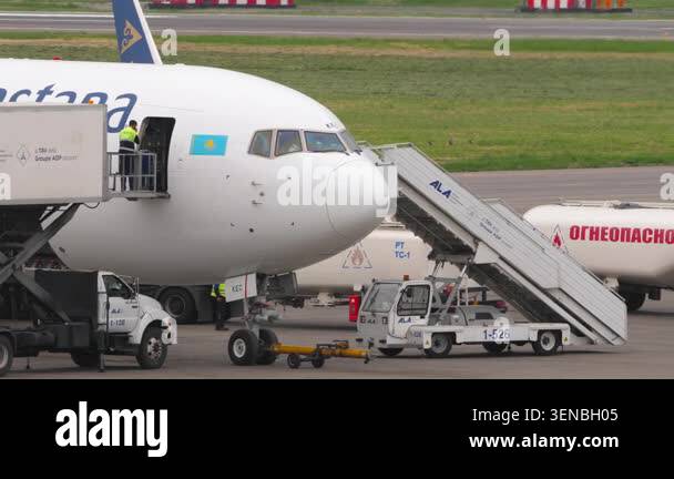 ALMATY, KAZAKHSTAN - MAY 10, 2024: Front section of Air Astana Boeing ...