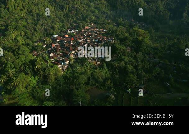 Aerial view of a peaceful Bali village surrounded by lush tropical ...