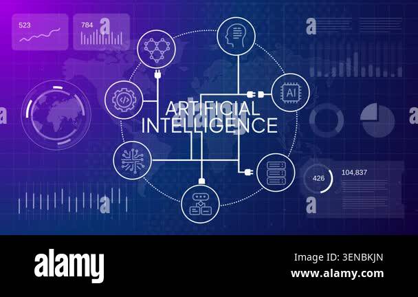 artificial intelligence text with network nodes and tech icons on ...