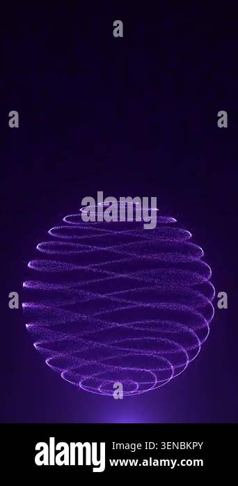 Purple digital particle sphere with layered spiral bands on dark ...