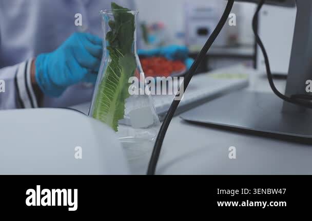 scientist in a white lab coat holds a test tube with a green liquid in ...