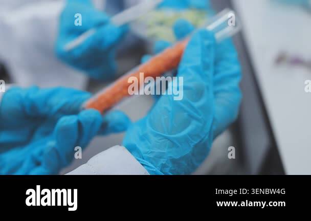 the hand of a scientist holding a syringe with the sample of the ...