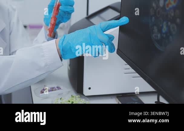 scientist in a lab coat working with a test tube in a laboratory Stock ...
