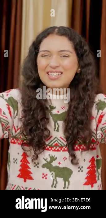 Vertical Video of Indian Woman Cheering with Christmas Tree in ...
