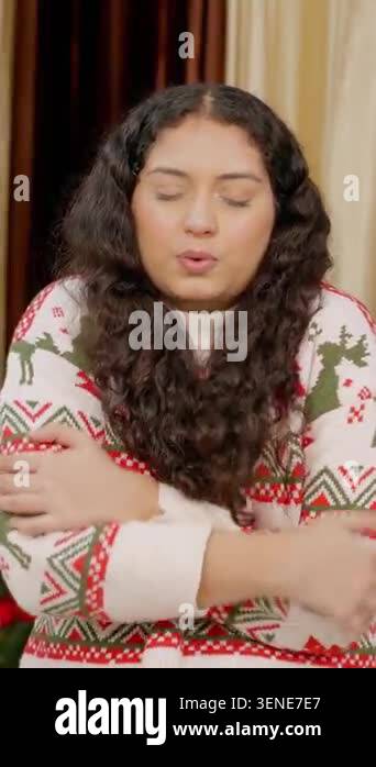 Vertical Video of Indian Woman Feeling Cold with Christmas Tree in ...