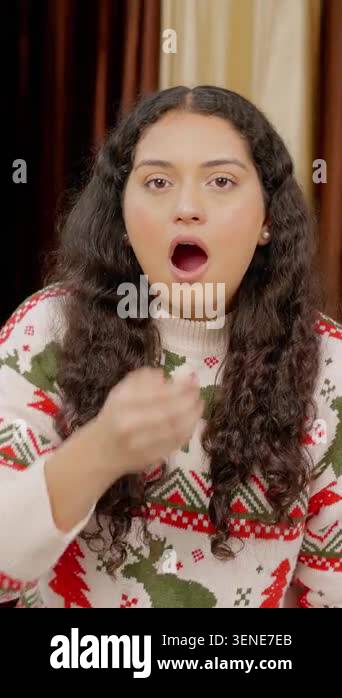 Vertical Video of Shocked Indian Woman with Christmas Tree in ...