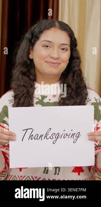 Vertical Video of Indian Woman Holding Thanksgiving Poster with ...