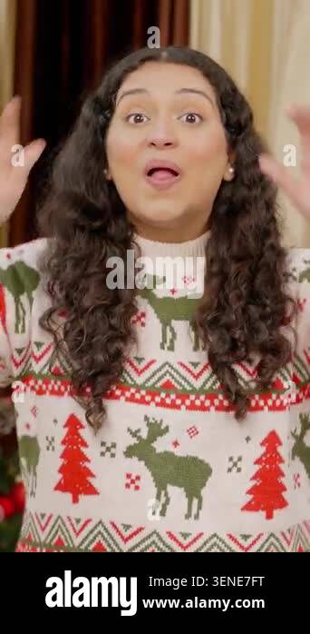 Vertical Video of Indian Woman Making Funny Faces with Christmas Tree ...