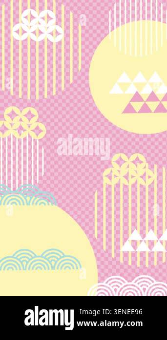 Hand Drawn Japanese Pattern Background with Pink Checkerboard Vertical ...