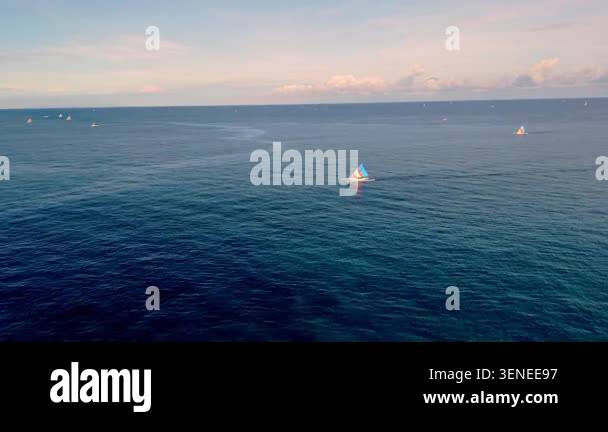 Aerial View on Ocean Boat Floating on Blue Water at Summer Sea ...
