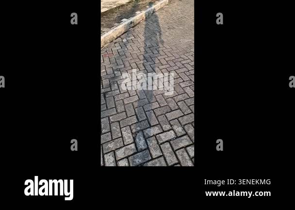 A vertical video capturing the long shadow silhouette of a person ...