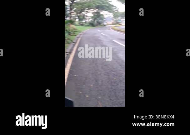 A vertical shot of an empty asphalt road lined with green trees and ...