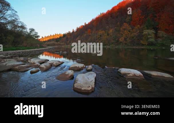 Shallow mountain river rapids with evergreen autumn terracotta forests ...