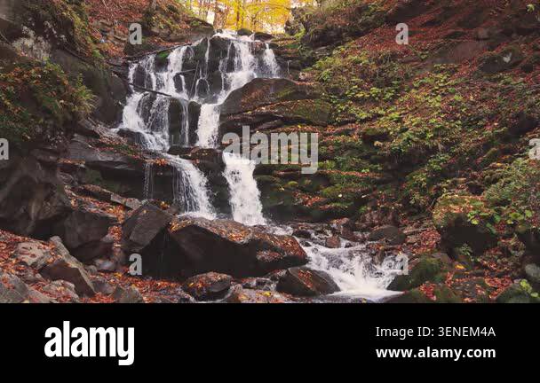 Slow motion rocks and stones of mountain steep slope, forest with ...