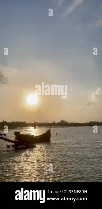 Golden Sunset Seascape with Traditional Wooden Boat and Bridge ...